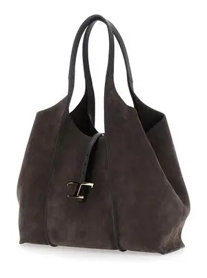 TOD'S Brown Shoulder Bag With Two Top Handles And T Plaque On The Front In Suede For - Multicolor