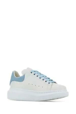 Alexander McQueen Leather Sneakers With Pastel Light Blue Suede Heel - White