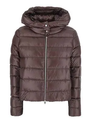 Herno Short Down Jacket With Hood And Metal Plate On The Back In Tech Fabric - Brown