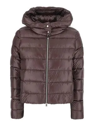 Herno Short Down Jacket With Hood And Metal Plate On The Back In Tech Fabric - Brown