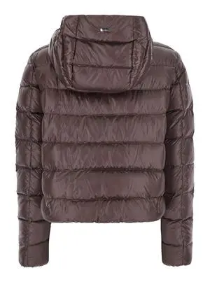 Herno Short Down Jacket With Hood And Metal Plate On The Back In Tech Fabric - Brown