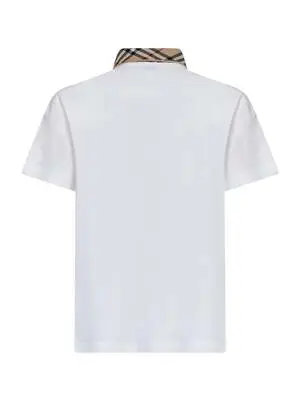 Burberry Chalk White Cotton Pique Polo Shirt With Check Collar - Multicolor