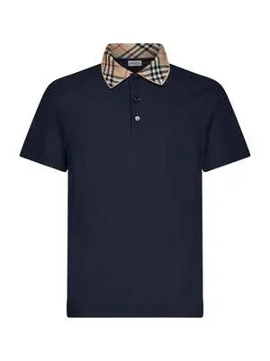 Burberry Navy Blue Cotton Pique Polo Shirt With Check Collar - Multicolor