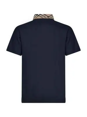 Burberry Navy Blue Cotton Pique Polo Shirt With Check Collar - Multicolor
