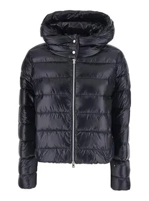 Herno Short Down Jacket With Hood And Metal Plate On The Back In Tech Fabric - Black