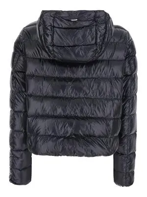 Herno Short Down Jacket With Hood And Metal Plate On The Back In Tech Fabric - Black