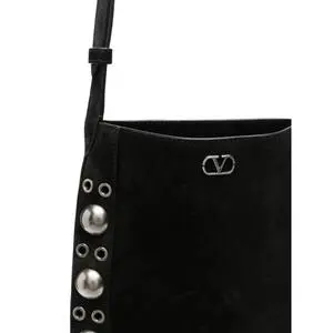 Valentino Garavani Suede Shoulder Bag With Silver-tone Studs And Fringe - Black