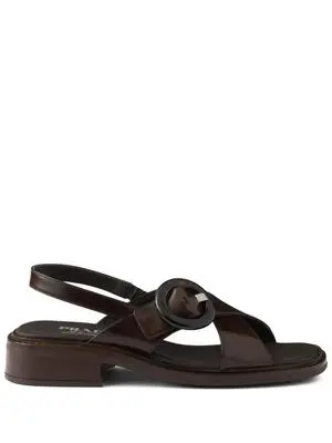Prada Brushed Leather Crisscross Band Sandals With Plexiglas Buckle - Brown
