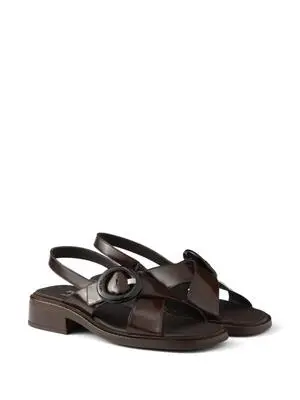 Prada Brushed Leather Crisscross Band Sandals With Plexiglas Buckle - Brown