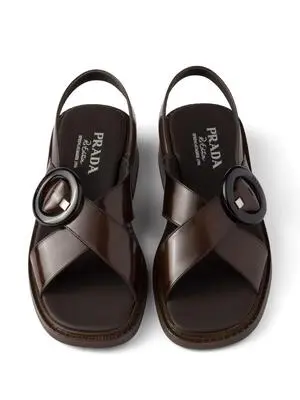 Prada Brushed Leather Crisscross Band Sandals With Plexiglas Buckle - Brown