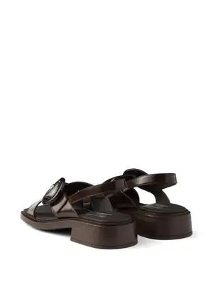 Prada Brushed Leather Crisscross Band Sandals With Plexiglas Buckle - Brown
