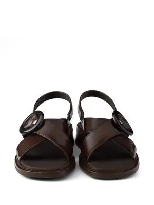 Prada Brushed Leather Crisscross Band Sandals With Plexiglas Buckle - Brown