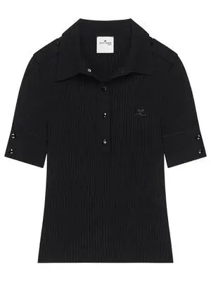 COURREGES Classic Rib Knit Short Sleeved Polo - Black
