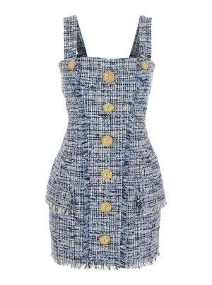 Balmain Blue Dress With Frayed Details In Tweed - Multicolor