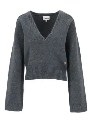 GANNI Melange Mohair Deep V-Neck Sweater Blue