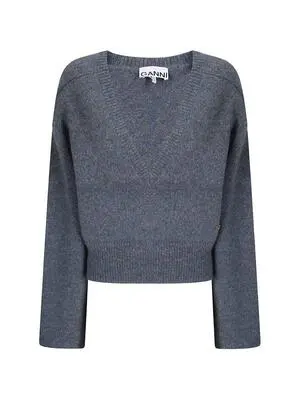 GANNI Melange Mohair V-neck Sweater - Blue
