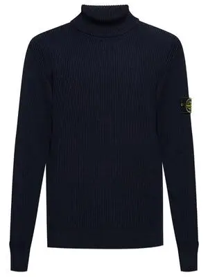 Stone Island Wool Turtleneck Sweater In Full Ribs - Blue