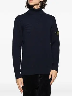 Stone Island Wool Turtleneck Sweater In Full Ribs - Blue