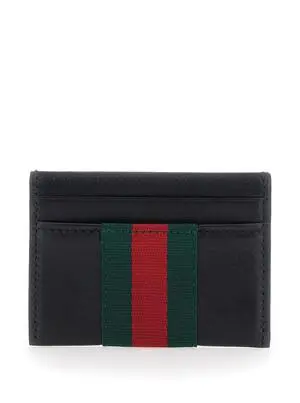 Gucci Black Card Holder With Web Detail In Leather For - Multicolor
