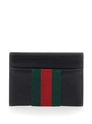 Gucci Black Card Holder With Web Detail In Leather For