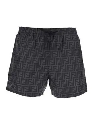 Fendi Swim Shorts With Elasticated Waist And Drawstring And Ff Motif All-over In Tech Fabric - Gray