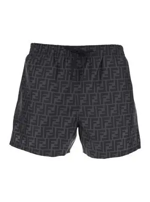 Fendi Swim Shorts With Elasticated Waist And Drawstring And Ff Motif All-over In Tech Fabric - Gray