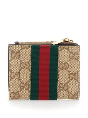 Gucci Beige Wallet With Web Stripe And Zip Closure And Magnetic Button In Gg Canvas For - Multicolor