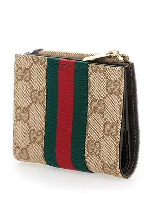 Gucci Beige Wallet With Web Stripe And Zip Closure And Magnetic Button In Gg Canvas For - Multicolor