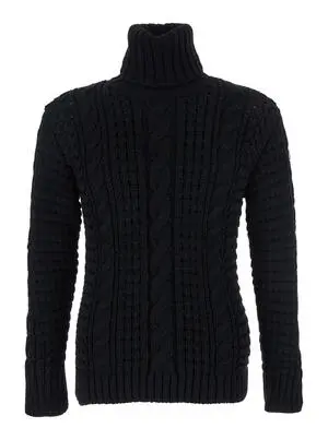 Moncler Black Turtleneck Jumper With Cable Knit And Logo Patch On The Sleeve In Merino Wool - Multicolor