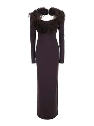 Attico Brown Long Dress With Feathers On The Neck And Logo Patch On The Back In Cotton For - Multicolor