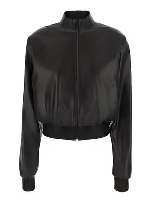 Gucci Black Cropped Bomber Jacket With High Collar In Leather For - Multicolor