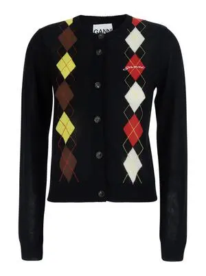 GANNI Crew Neck Cardigan With Argyle Motif On The Front In Cotton For - Black