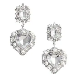 SELF-PORTRAIT Crystal Pearl Heart Earrings - Silver
