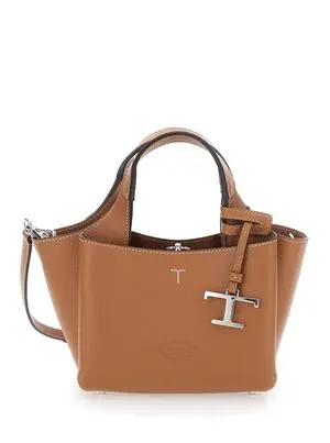 TOD'S Handbag With Adjustable And Removable Shoulder Strap And T Plaque Pendant On The Front In Grained Leather For - Brown