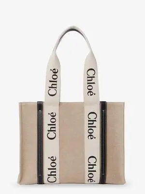 Chloé Woody Linen Shoulder Bag With Front Lettering Logo - Multicolor