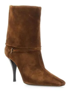 Saint Laurent Suede Niki Ankle Strap Booties With Cassandre Charm - Multicolor