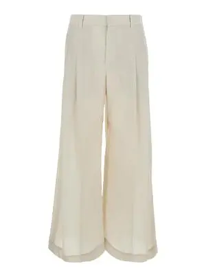 Brunello Cucinelli Beige Wide Leg Pants With Monil Detail On The Back In Cotton Blend For - Multicolor