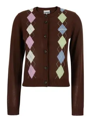 GANNI Crew Neck Cardigan With An Argyle Motif On The Front In Cotton For - Brown