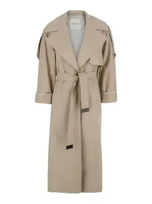 Max Mara Beige Double-breasted Trench Coat With Notched Revers And Front Belt In Cotton Blend - Multicolor