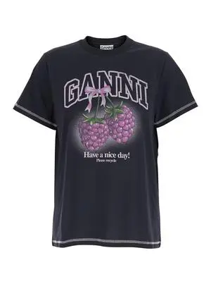 GANNI Ganni Women Black Round Neck T-Shirt With Front Print In Cotton Women Multicolor
