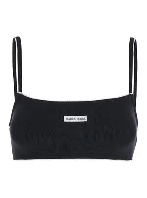 MARINE SERRE Black Sports Bra With Square Neckline And Logo Patch On The Front In Stretch Cotton For - Multicolor