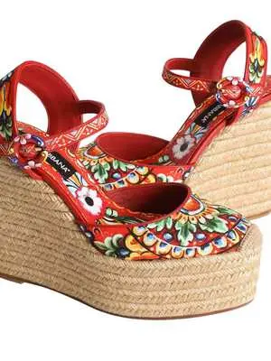 Dolce & Gabbana Canvas Wedge Sandal With Carretto Print - Multicolor