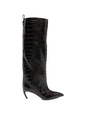 Attico Lea Knee-high Boots With A Pointed Toe And Crocodile-effect Toe - Brown