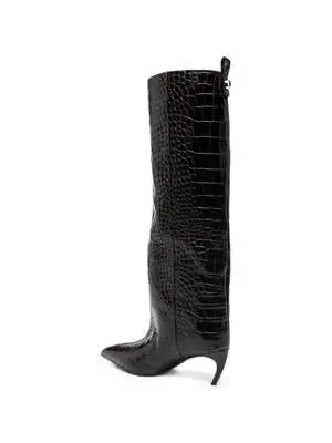 Attico Lea Knee-high Boots With A Pointed Toe And Crocodile-effect Toe - Brown