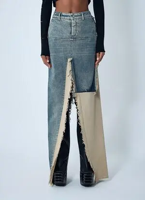 Rick Owens Denim Distressed Maxi Skirt - Blue