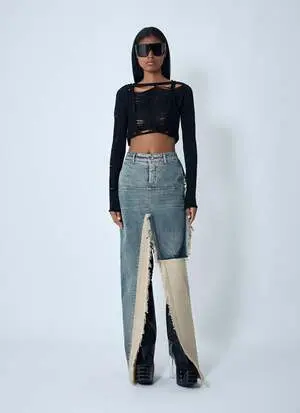 Rick Owens Denim Distressed Maxi Skirt