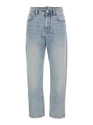 Brunello Cucinelli Light Blue Jeans With Logo Patch On The Back And Contrasting Stitching In Denim For - Multicolor