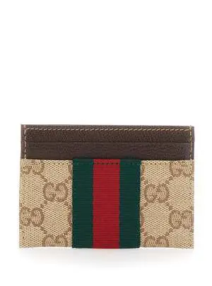 Gucci Beige Card Holder With Web Stripe And All-over Gg Motif In Fabric For - Multicolor
