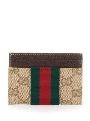 Gucci Beige Card Holder With Web Stripe And All-over Gg Motif In Fabric For - Multicolor