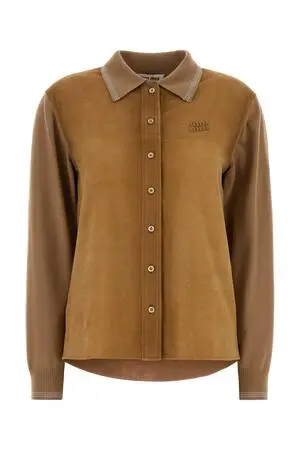 Miu Miu Camel Wool And Suede Cardigan - Brown